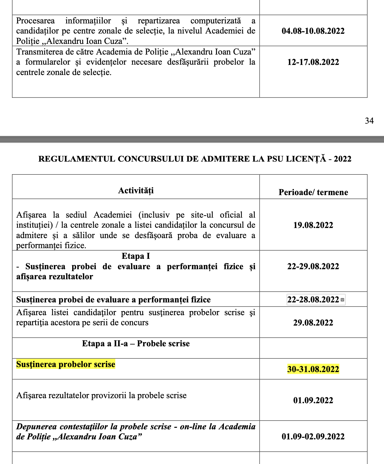 Calendar Probe Examen Admitere Academia de Politie